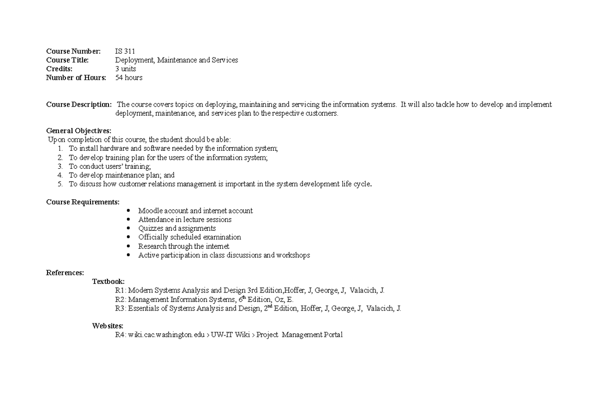 Deploy Maint Serv Syllabus Final Outcome Course Number IS 311 Course