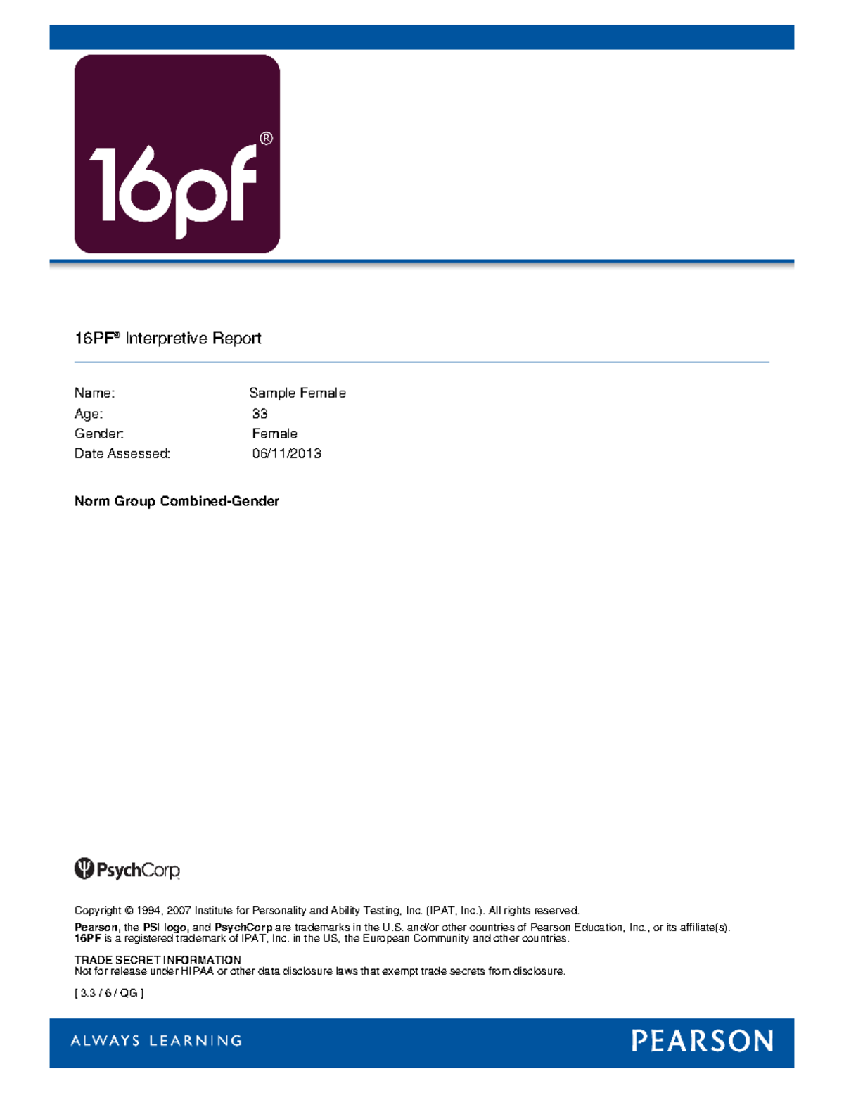 16pf interpretive sample report - Name: Sample Female Age: 33 Gender ...