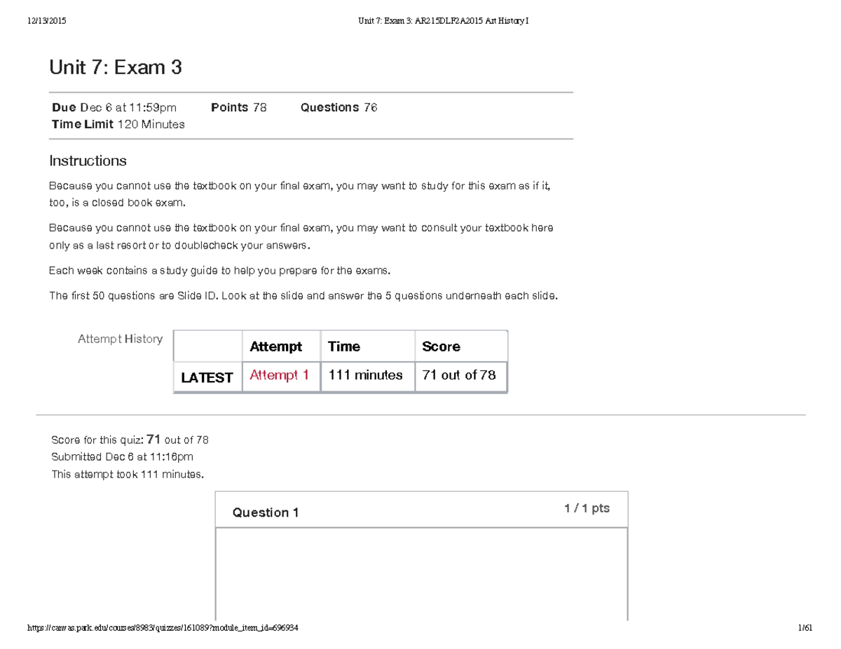 Weekly Homework Unit 3 - 12/13/2015 Unit 7: Exam 3: AR215DLF2A2015 Art ...