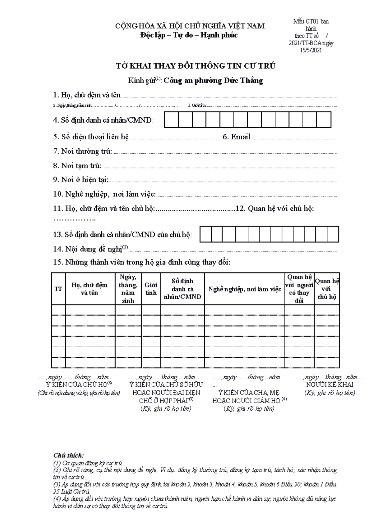 3.Tờ khai thay đổi cư trú CT01 - CỘNG HÒA XÃ HÔ ̣I CHỦ NGHĨA VIÊ T NAṂ ...