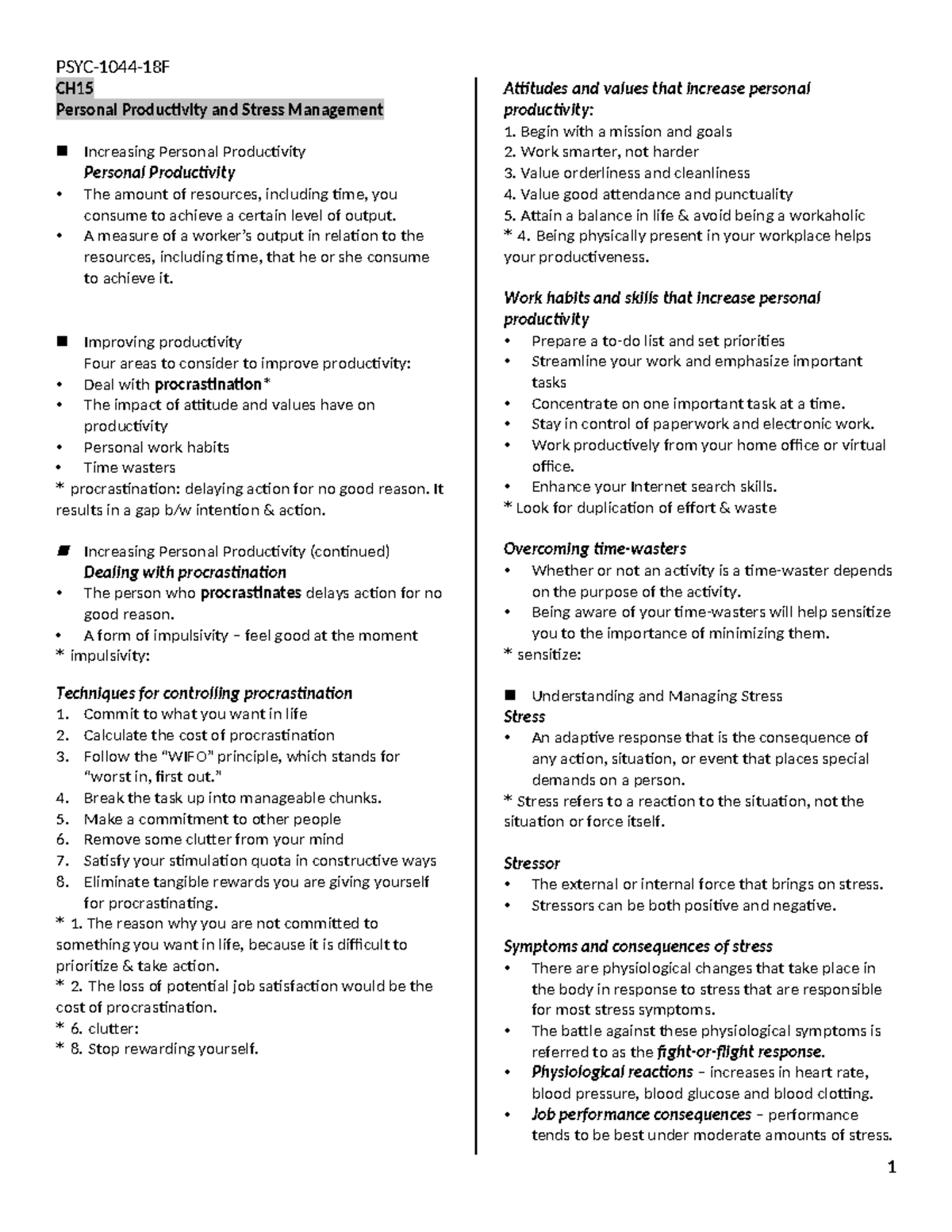 PSYC1044 midterm - mid-term note - CH Personal Productivity and Stress ...