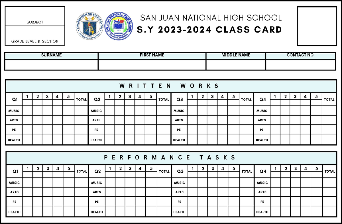 Class CARD 2023-2024 - l SURNAME FIRST NAME MIDDLE NAME CONTACT NO. W R ...
