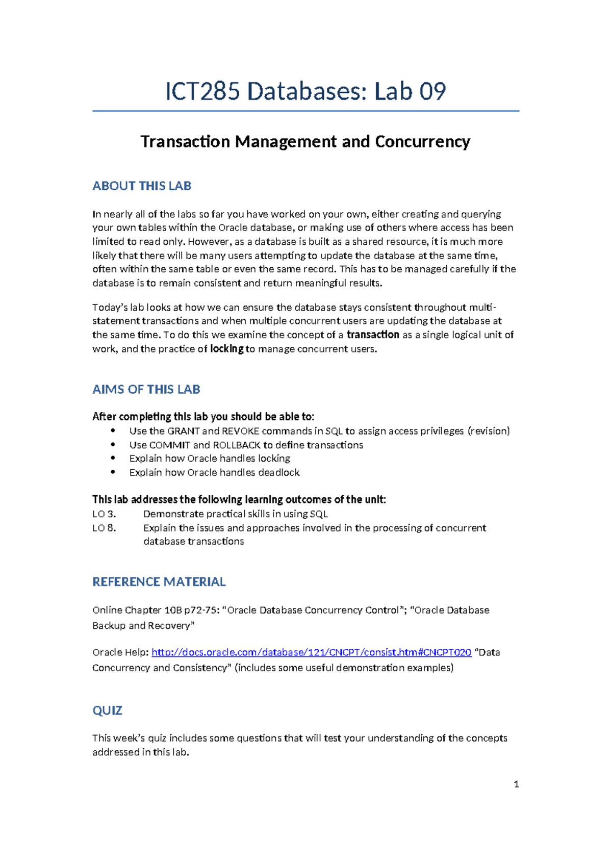 ICT285 Lab 9 - Database - ICT285 Databases: Lab 09 Transaction Management and Concurrency ABOUT ...