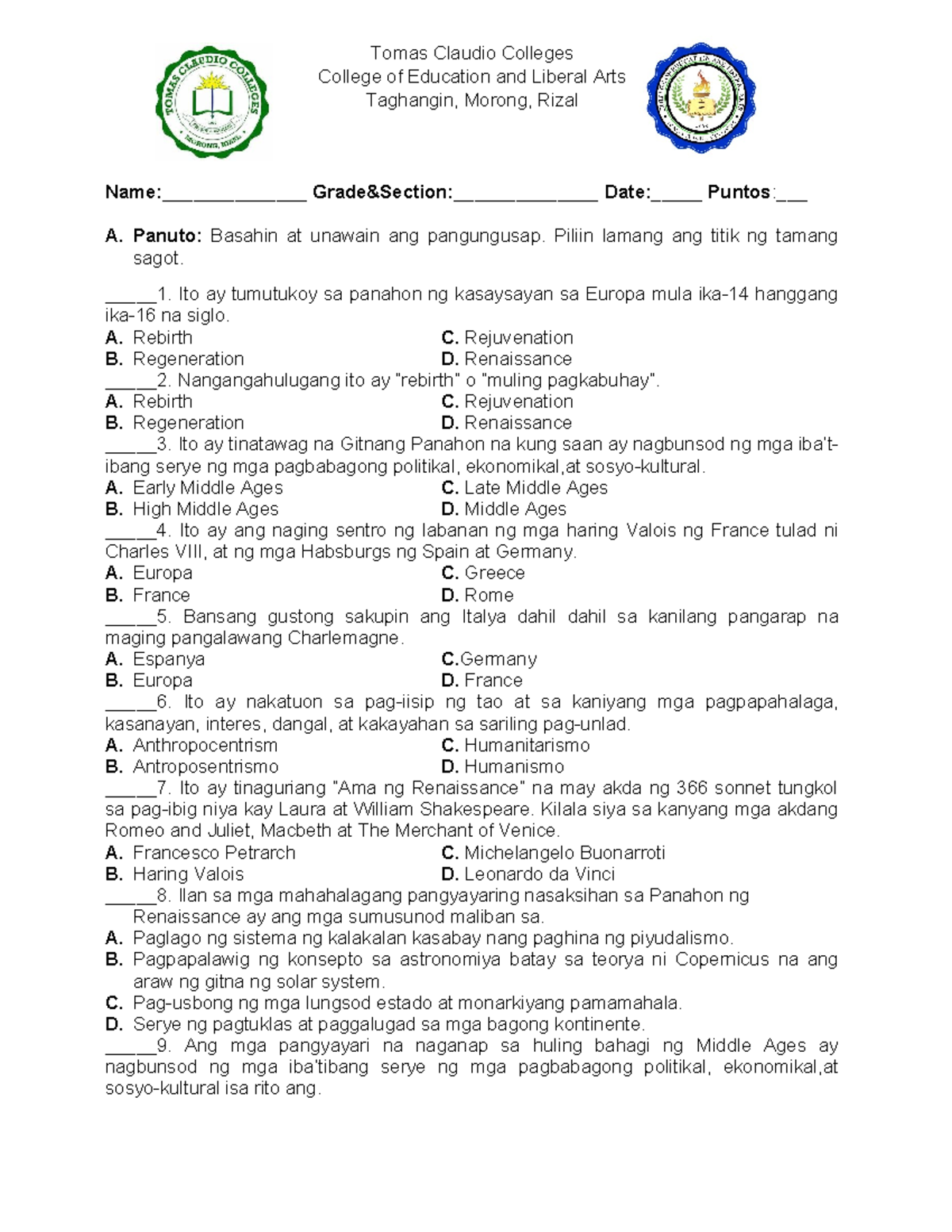 Examination In SST - Tomas Claudio Colleges College of Education and ...