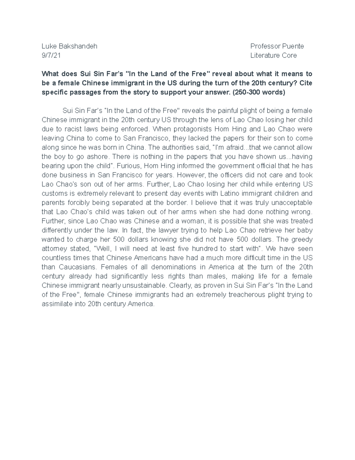 Lit Core Reading Response - Luke Bakshandeh Professor Puente 9/7/21 ...