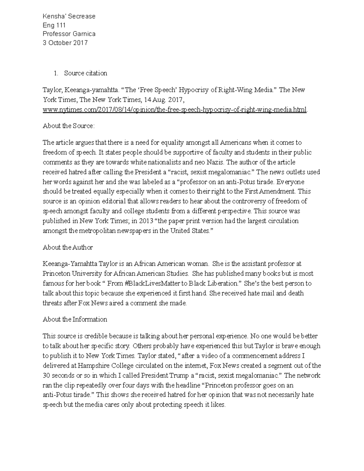 Source Analysis 1 + 2 - soucing assignment using articles - Kensha’ Secrease Eng 111 Professor ...