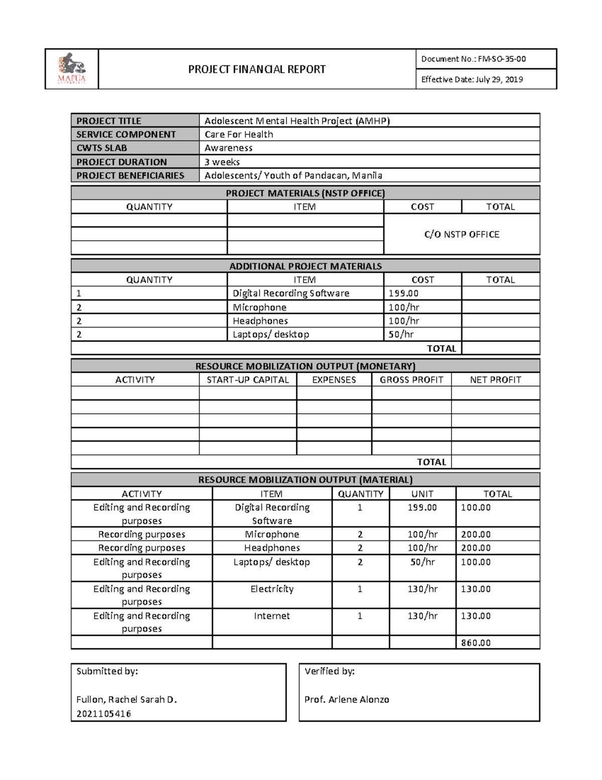 Fullon Project Financial Report - PROJECT FINANCIAL REPORT Document No ...