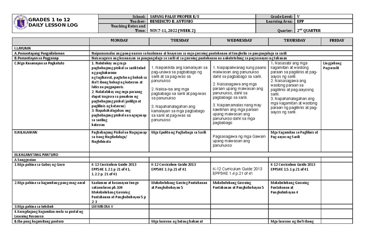 DLL EPP 5 Q2 W2 - NOTES - GRADES 1 to 12 DAILY LESSON LOG School ...