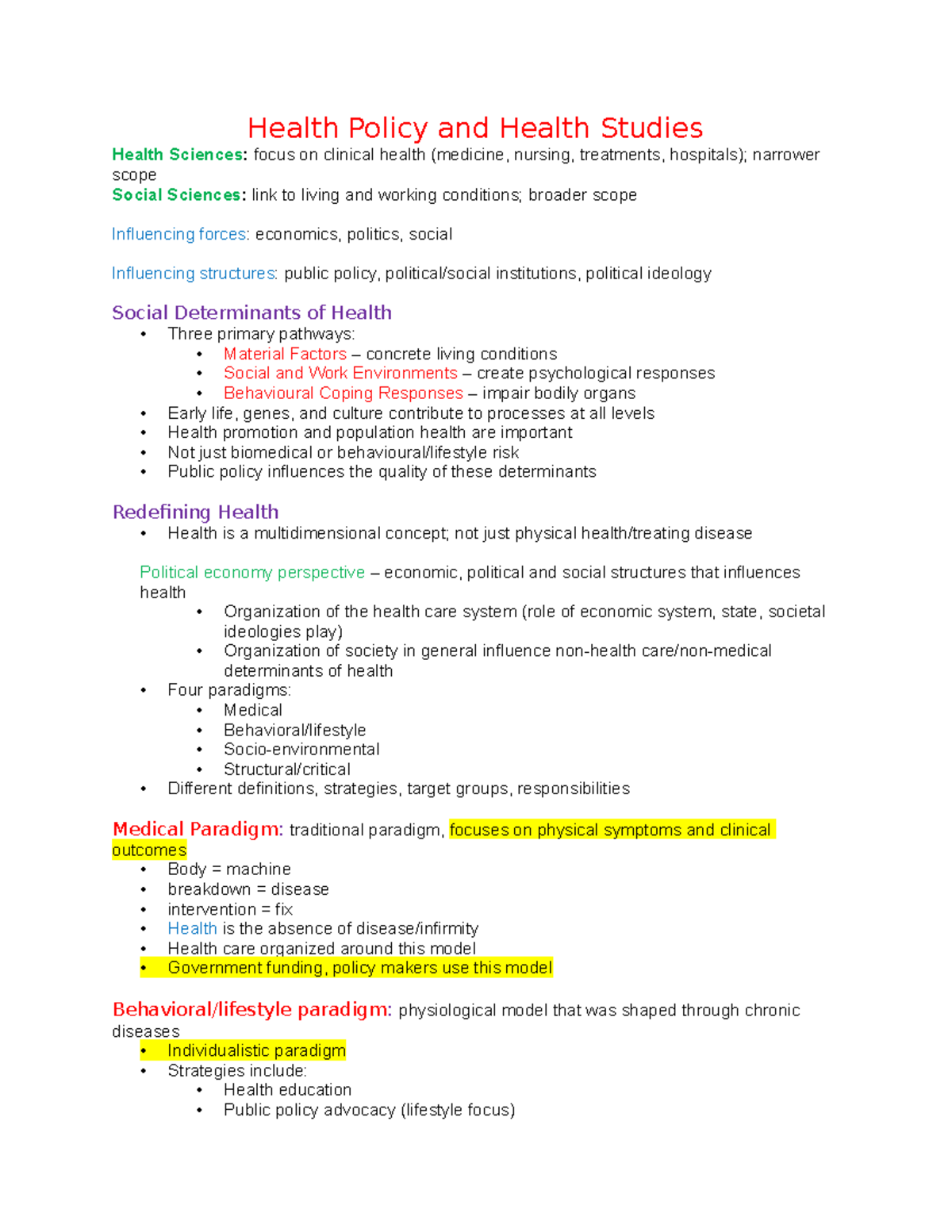 Week 2 notes - Health Policy and Health Studies Health Sciences: focus ...