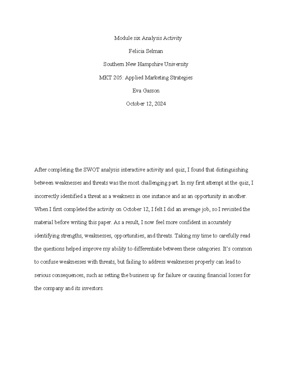 MKT 205 module 6 - Module six Analysis Activity Felicia Selman Southern ...