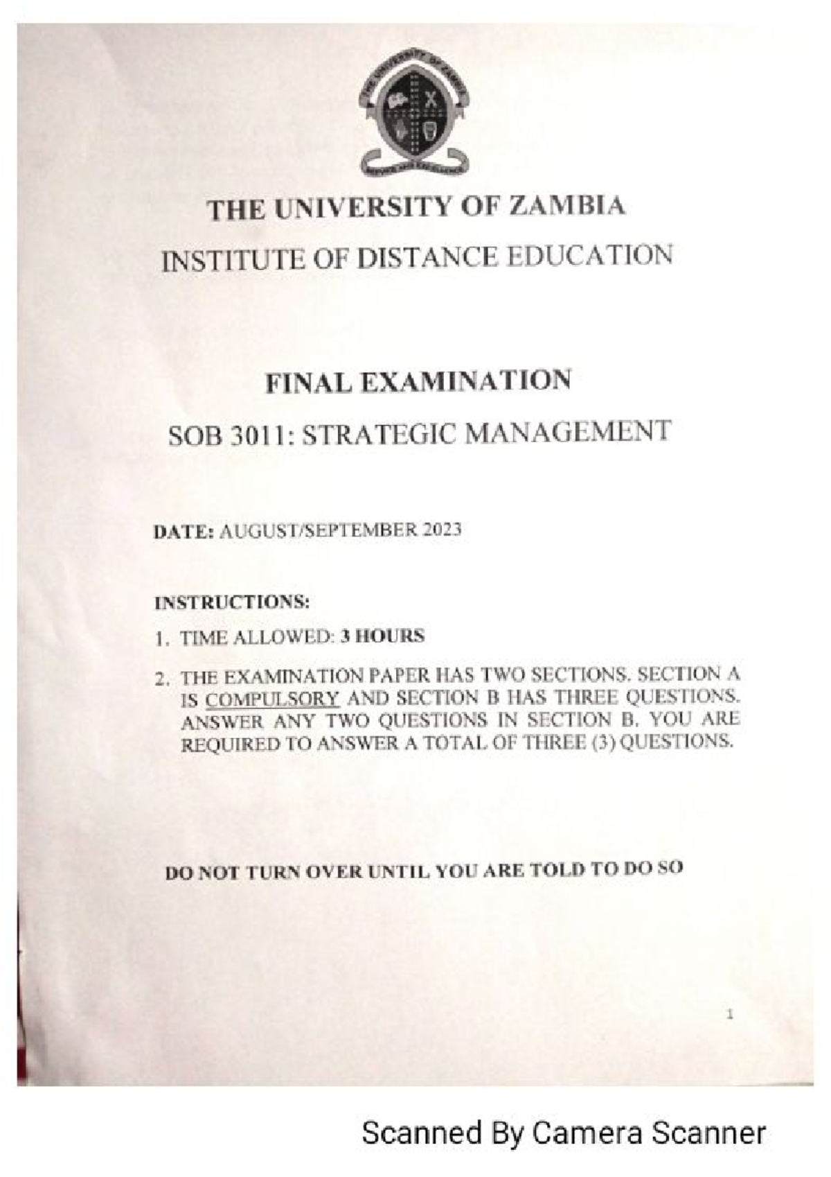 SOB 3011 Final Exam 2023 - 0 THE UNIVERSITY OF ZAMBIA INSTITUTE OF ...