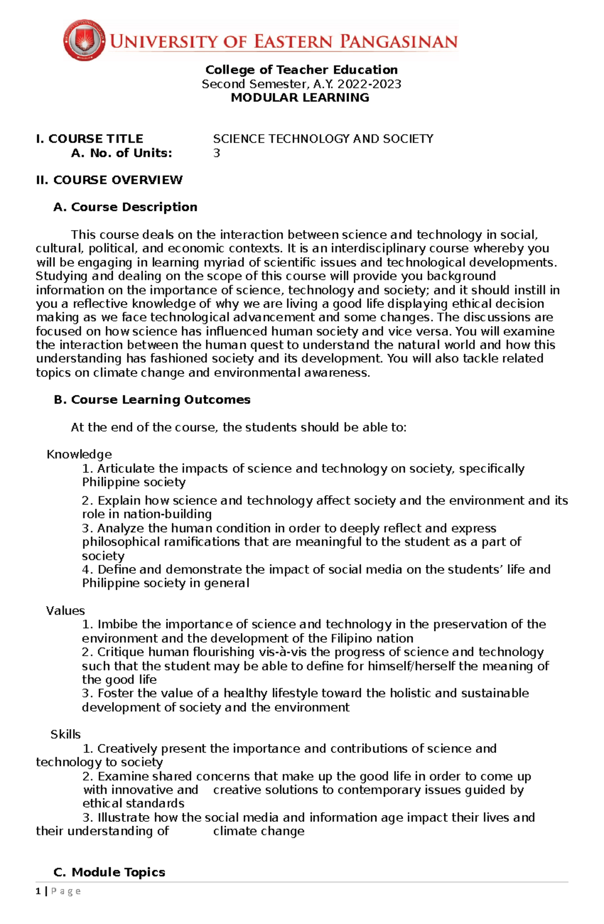 Modular Tool IN STS Preliminary Period - College of Teacher Education ...
