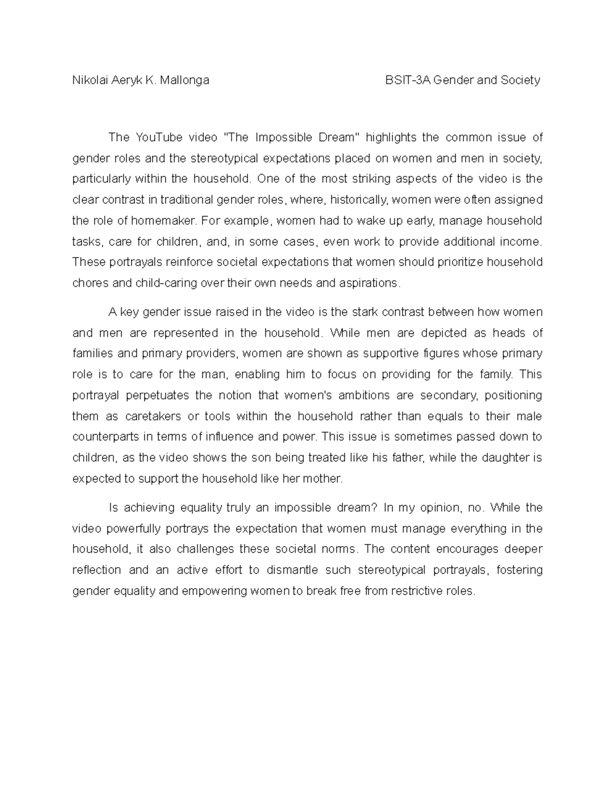 Gender - lecture notes - Nikolai Aeryk K. Mallonga BSIT-3A Gender and ...