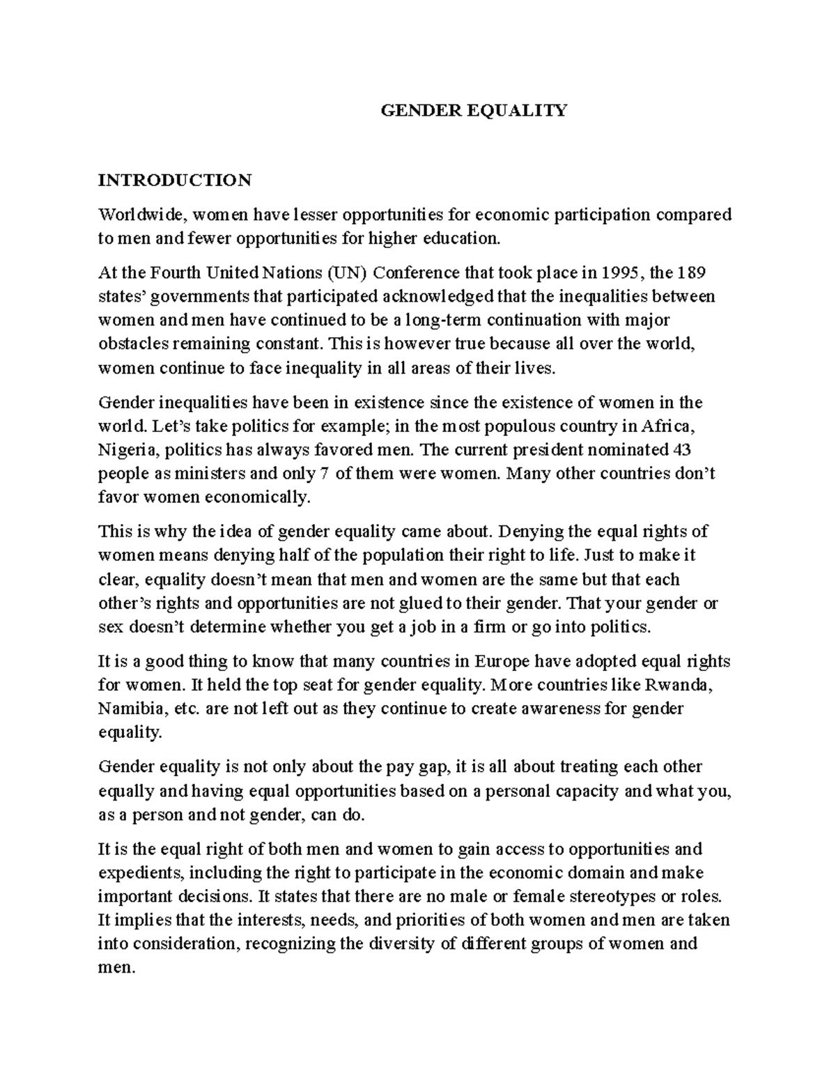 Gender Equality-Jaachike - GENDER EQUALITY INTRODUCTION Worldwide ...