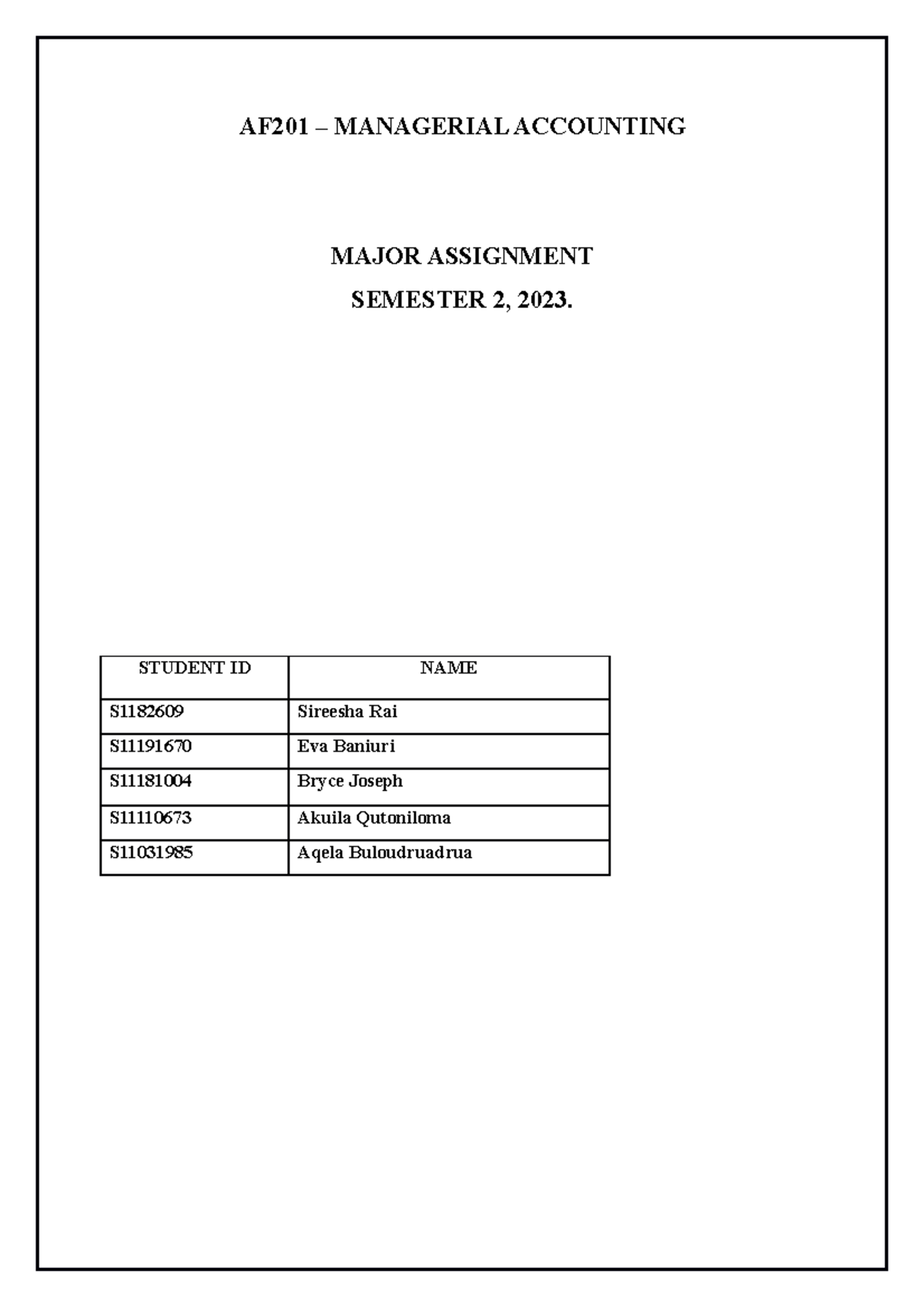 AF201 Group 18 Assignment AR - AF201 – MANAGERIAL ACCOUNTING MAJOR ...