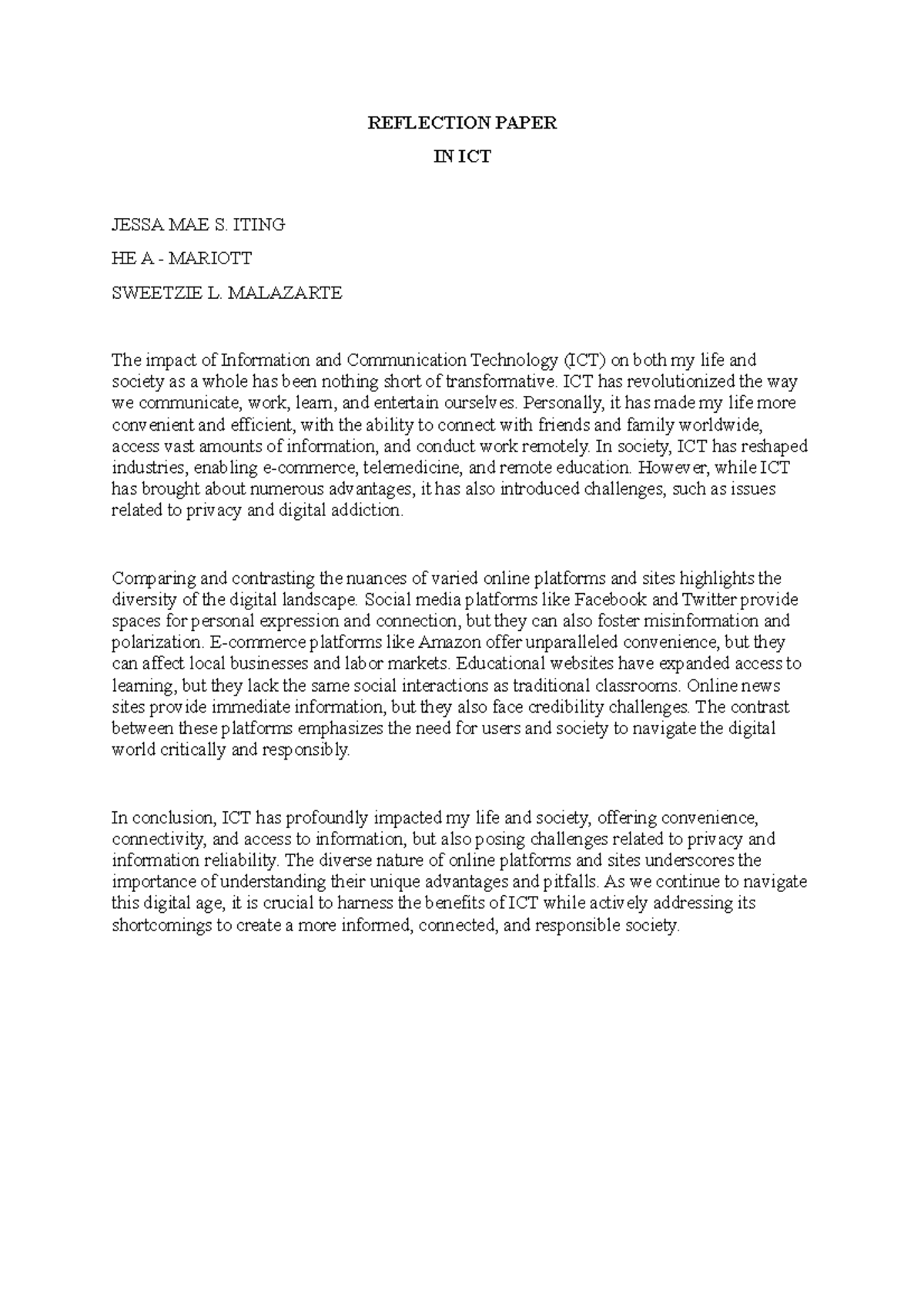 Reflection Paper ni jessa - REFLECTION PAPER IN ICT JESSA MAE S. ITING ...