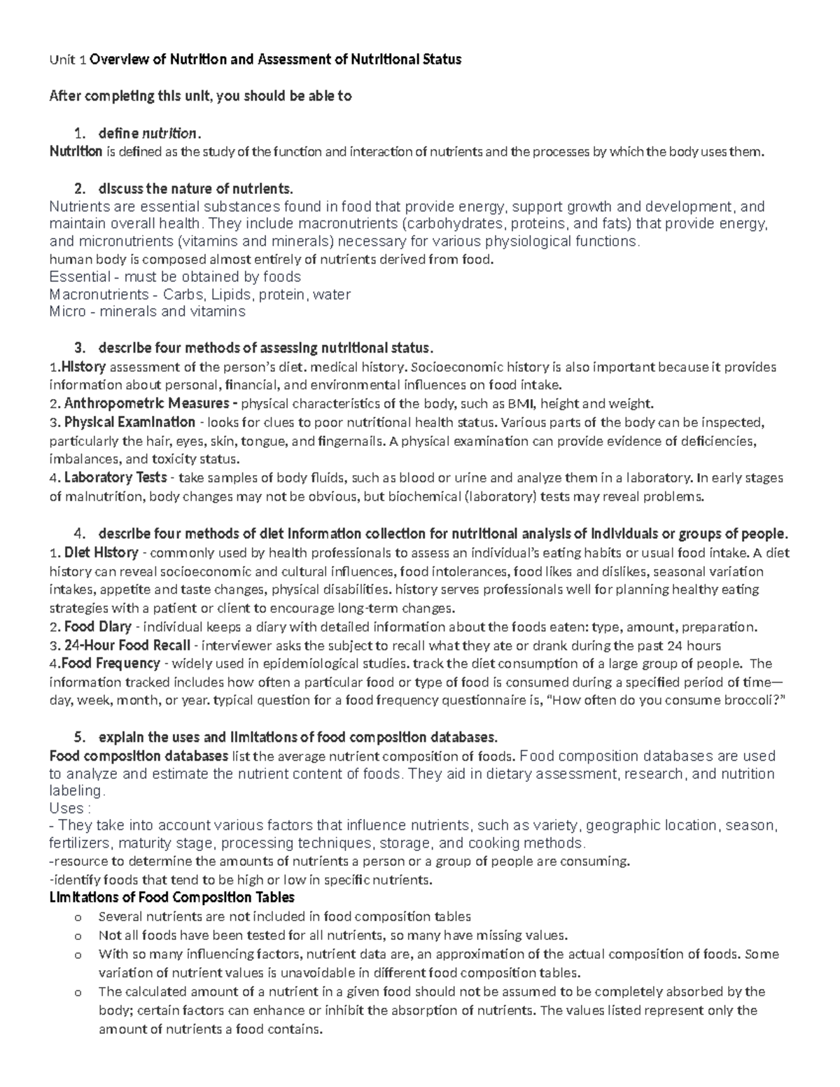 Unit 1 Overview of Nutrition Summary and Quiz for NUTR 331 Athabasca ...