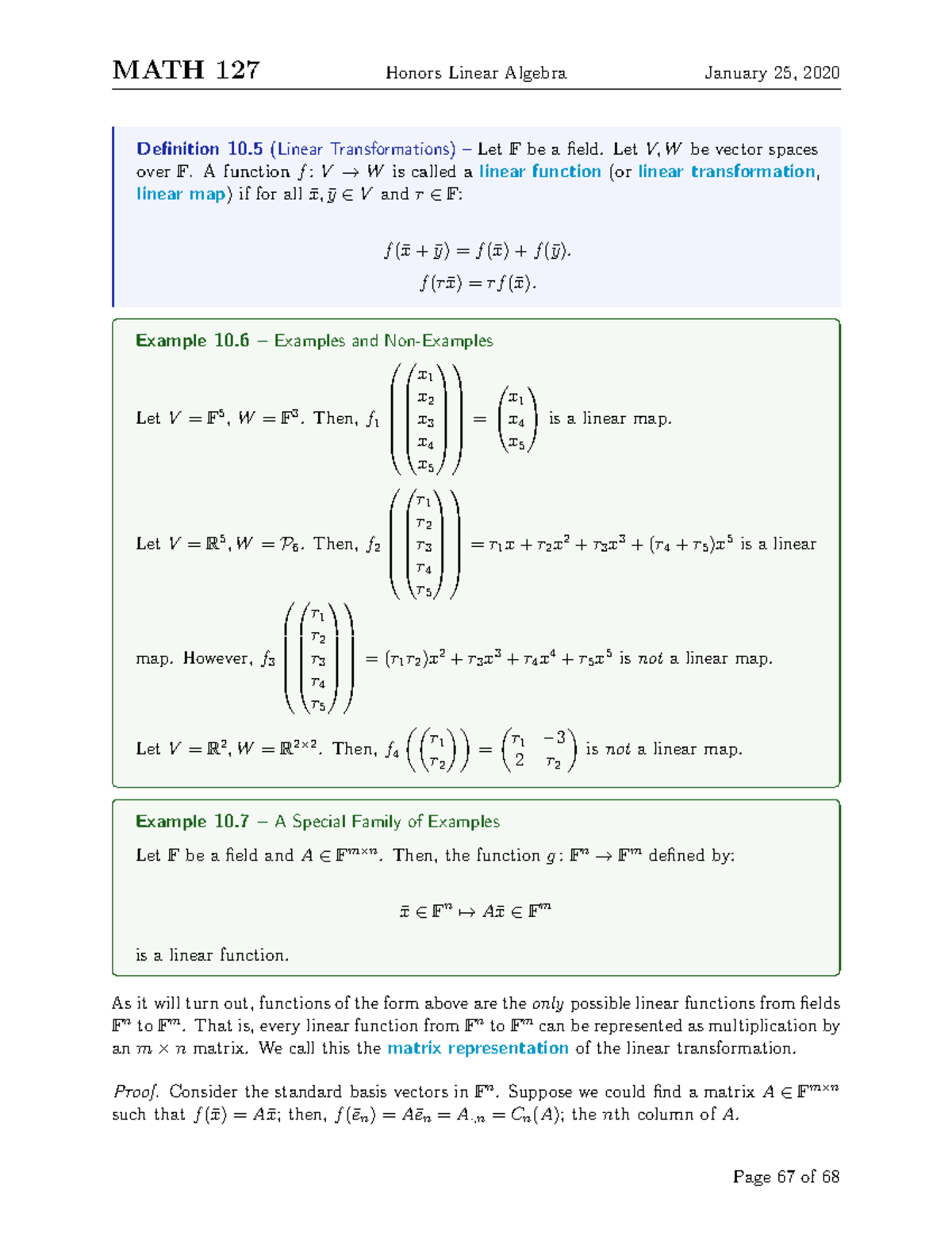 MATH 235-67 - Lecture notes 67 - MATH 127 Honors Linear Algebra January ...