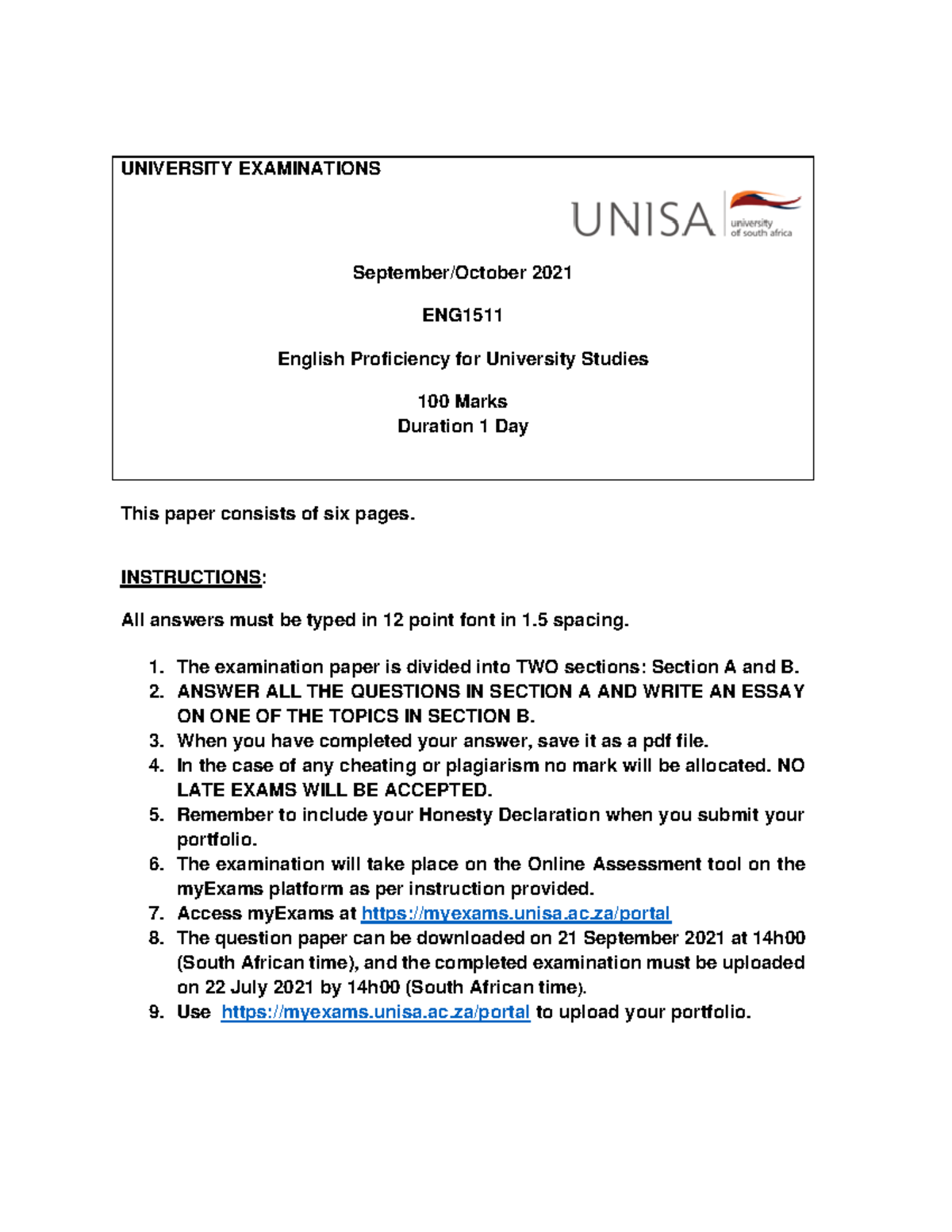 Practice EXAM Paper 231015 083918 - UNIVERSITY EXAMINATIONS September ...