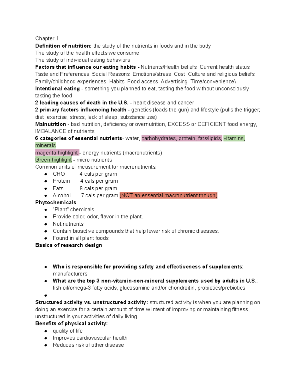 Exam 1 study guide - Chapter 1 Definition of nutrition: the study of ...