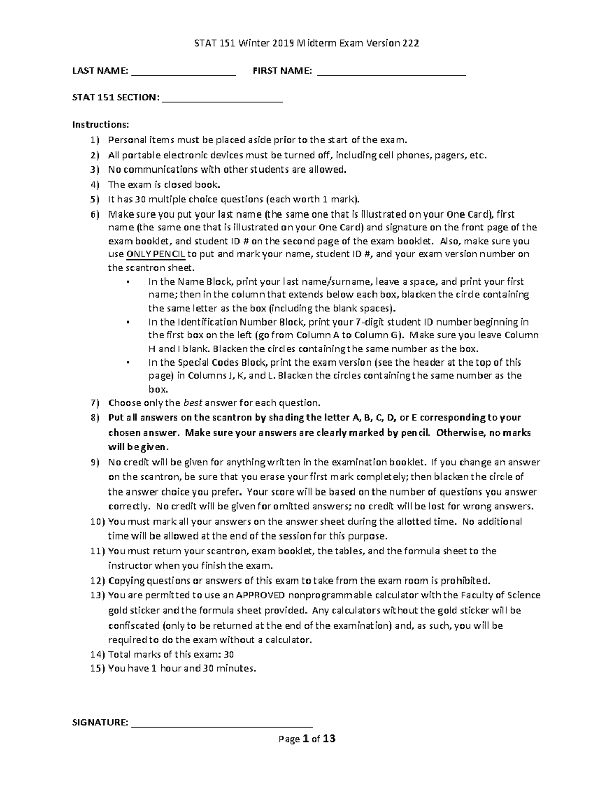 Stat 151 Winter 2019 Midterm V222 Solution Stat 151 Winter 2019 Midterm Exam Version 222 Last