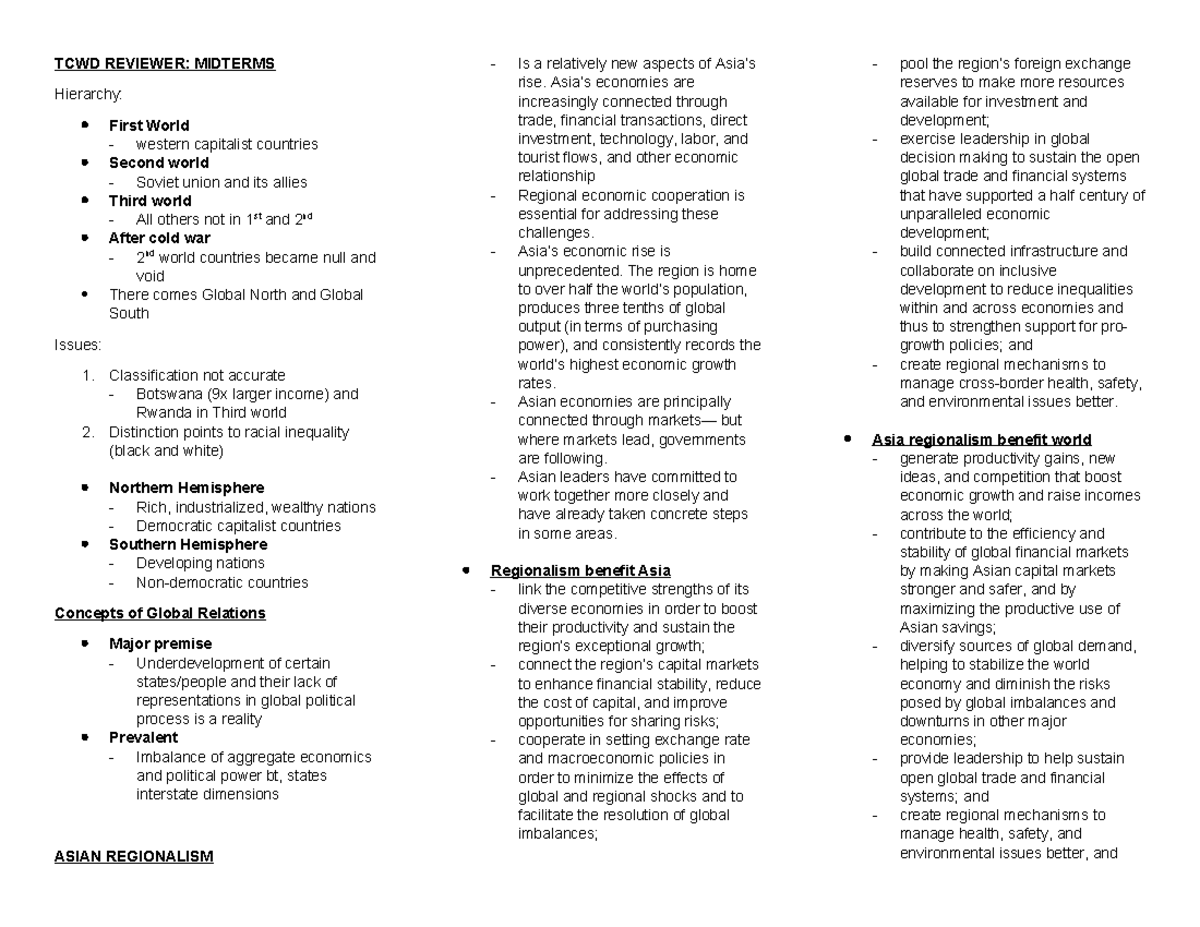 TCWD Reviewer - TCWD REVIEWER: MIDTERMS Hierarchy: First World ...