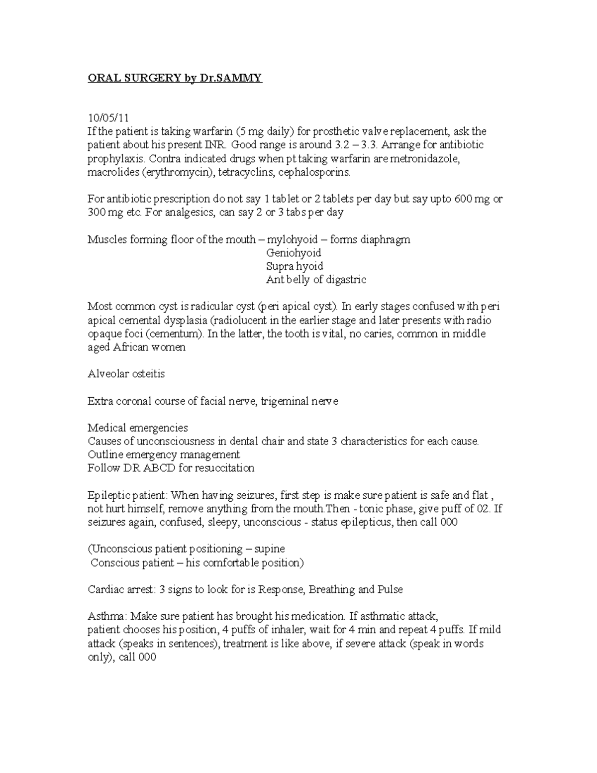 ORAL Surgery Aider notes by Dr. Sammy - ORAL SURGERY by Dr 10/05/ If ...