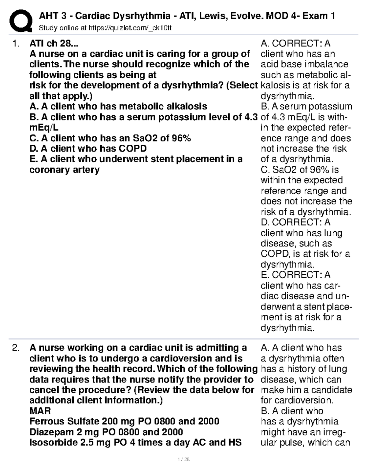 Med 4 AHT 3 - Cardiac Dysrhythmia - ATI, Lewis, Evolve. MOD 4- Exam 1 ...