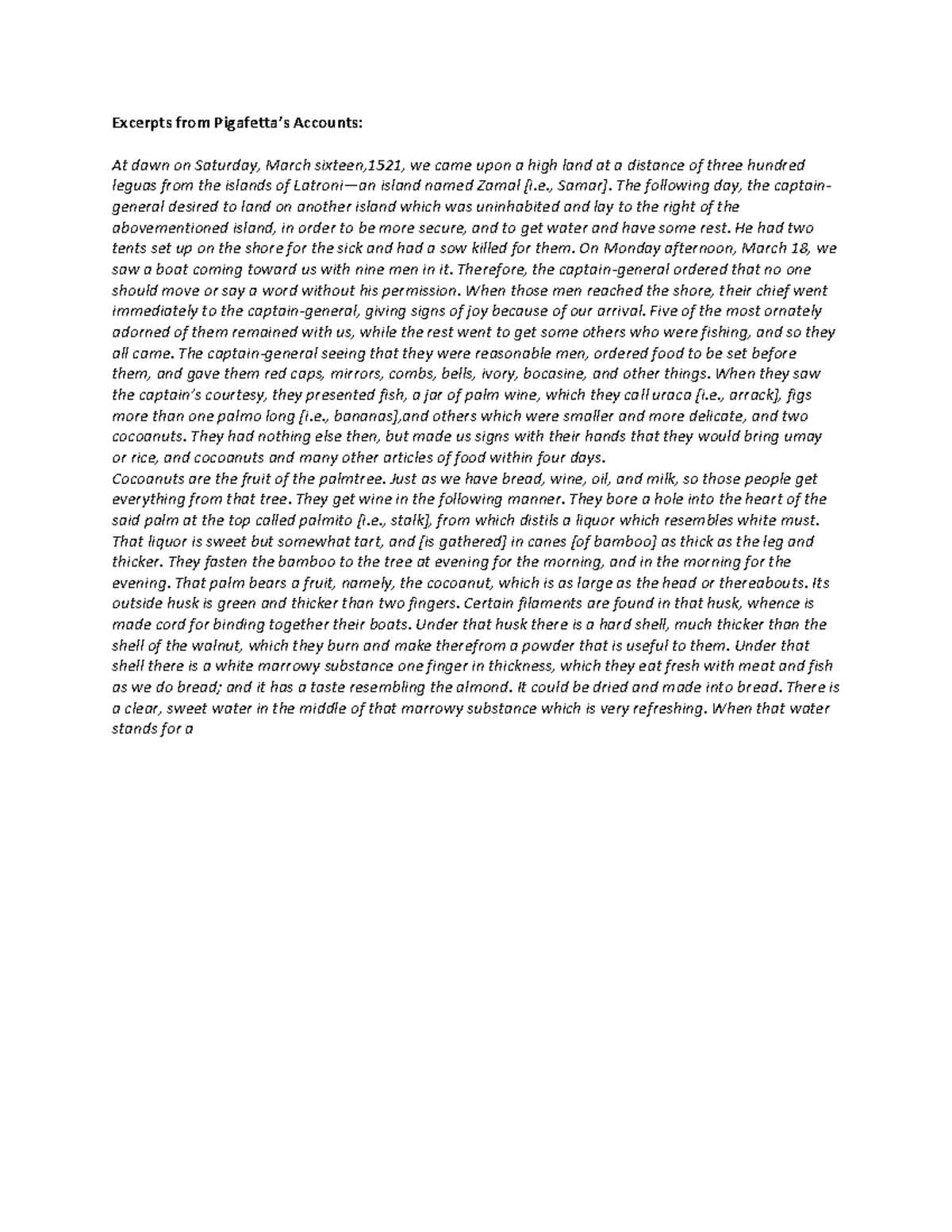 SS 110 Reading Excerpts from Pigafettas Accounts - Excerpts from ...