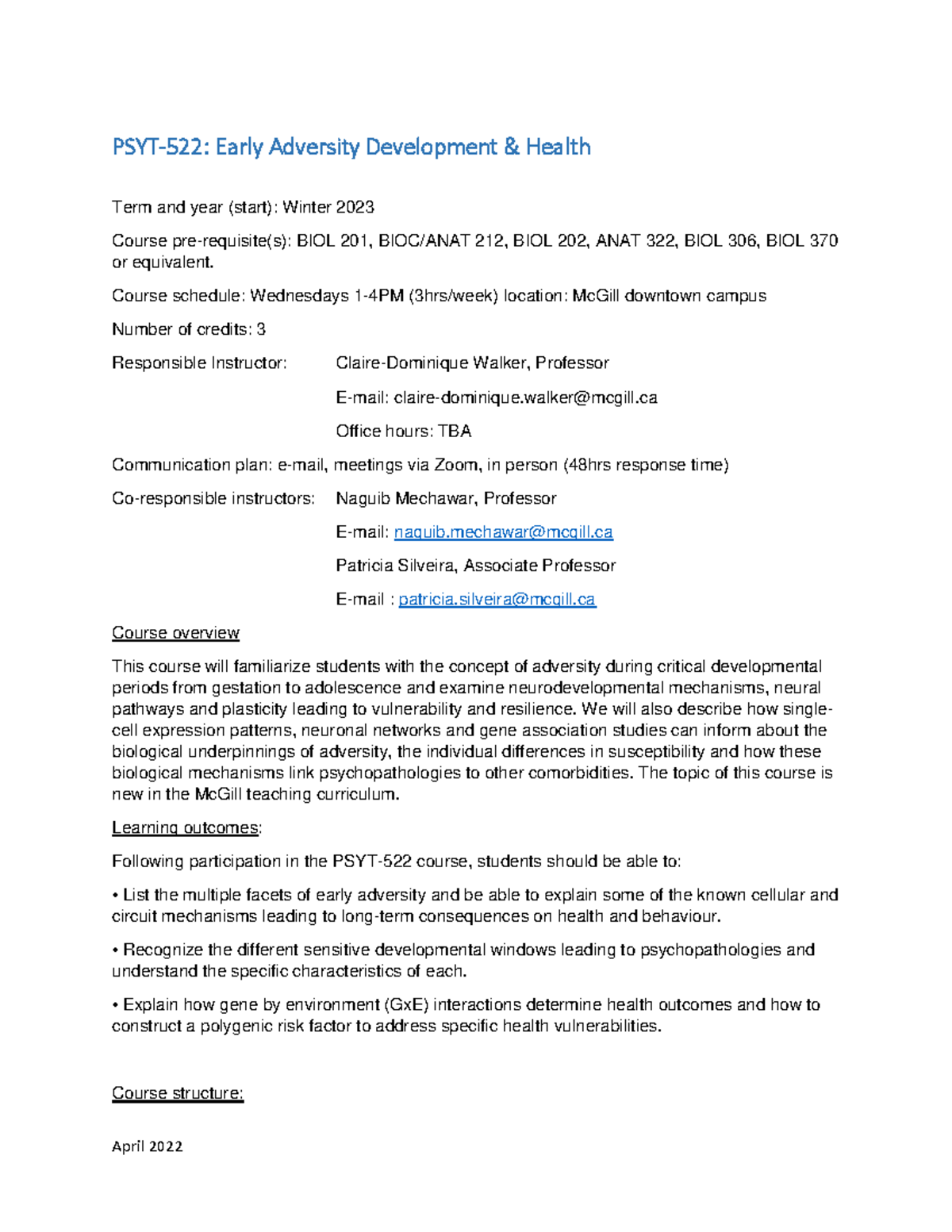 PSYT-522 Course syllabus 2023revised - PSYT- 522 : Early Adversity Development & Health Term and ...