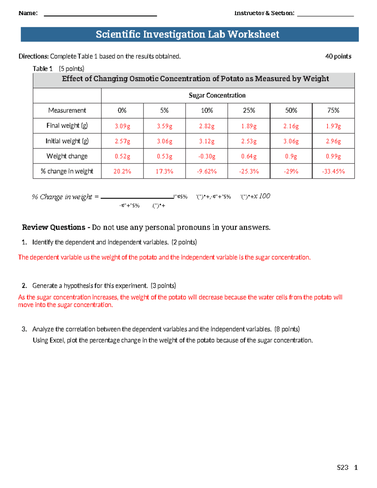 Bio Lab Week 1 - Homework - Scientific Investigation Lab Worksheet ...