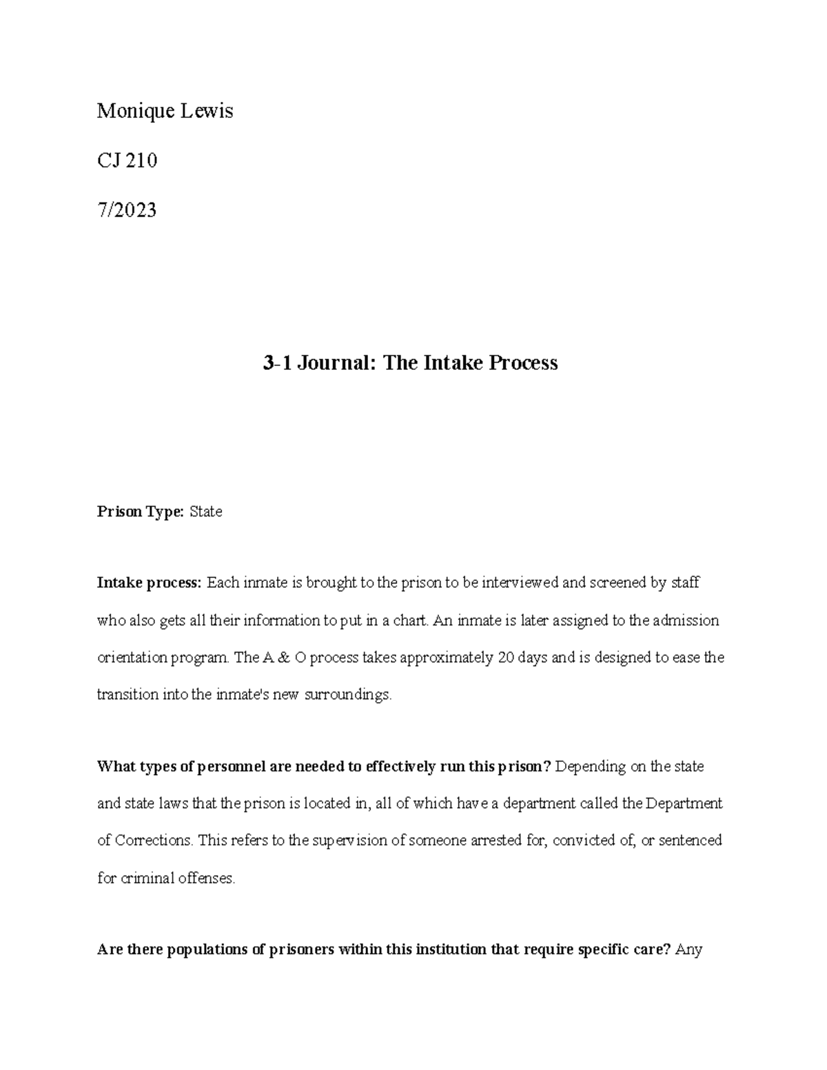 3-1 Journal The Intake Process - Monique Lewis CJ 210 7/ 3-1 Journal ...