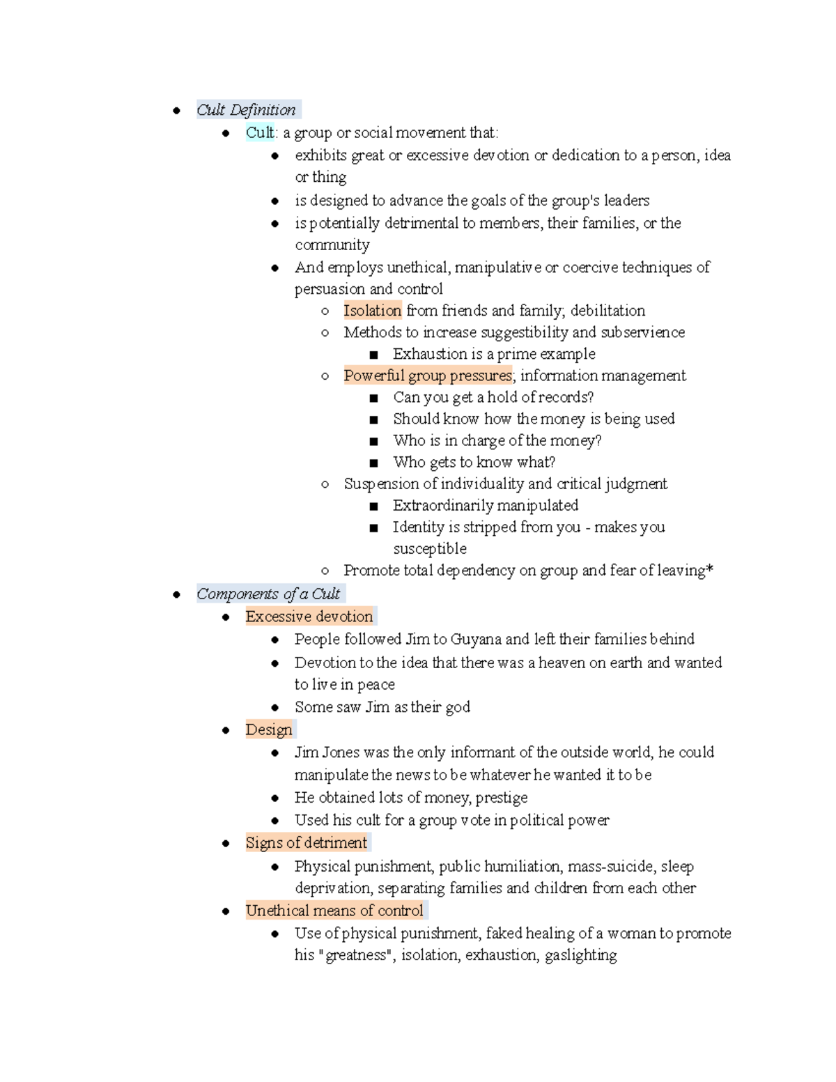 Cults - Lecture Notes - Cult Definition Cult: a group or social ...