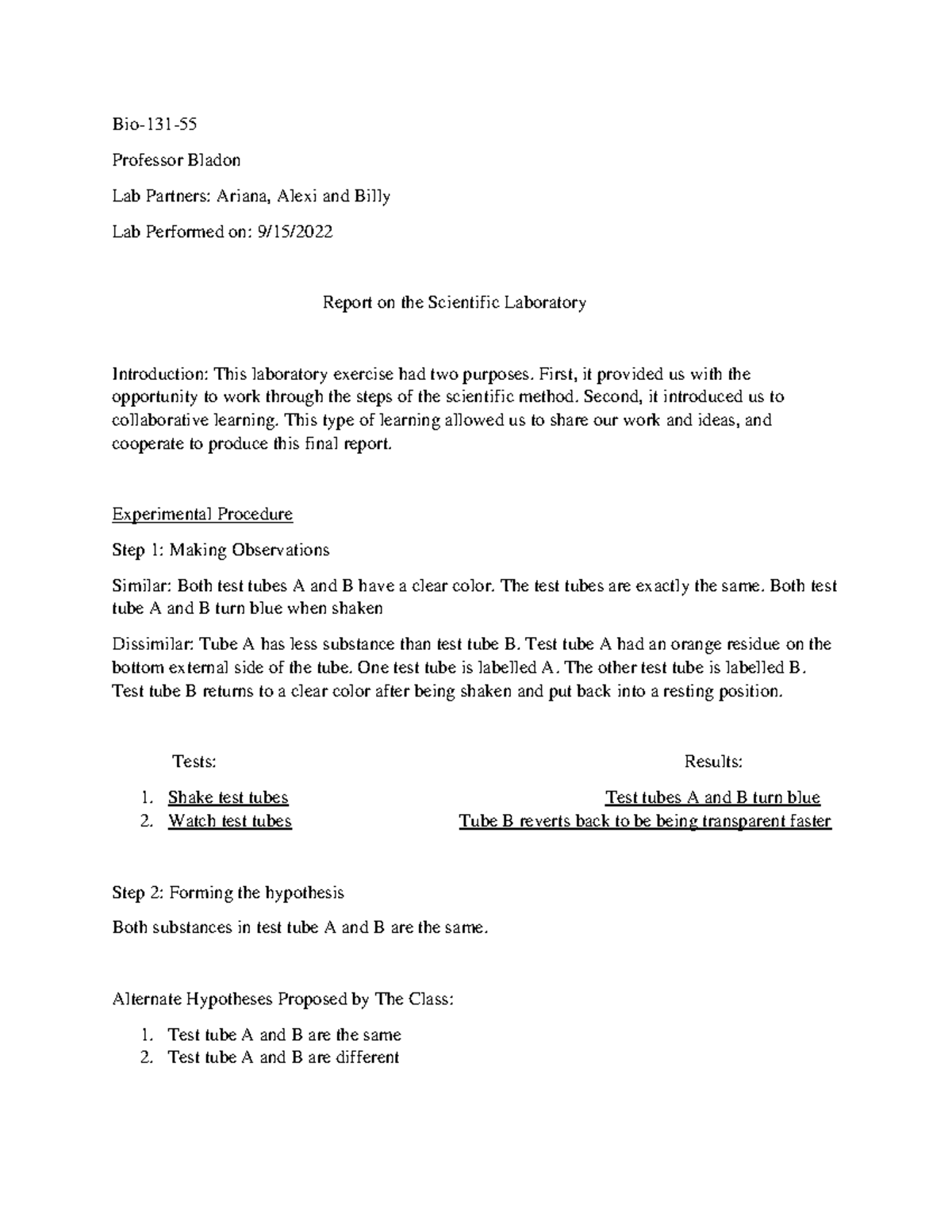 Report on the Scientific Laboratory - Bio-131- Professor Bladon Lab ...