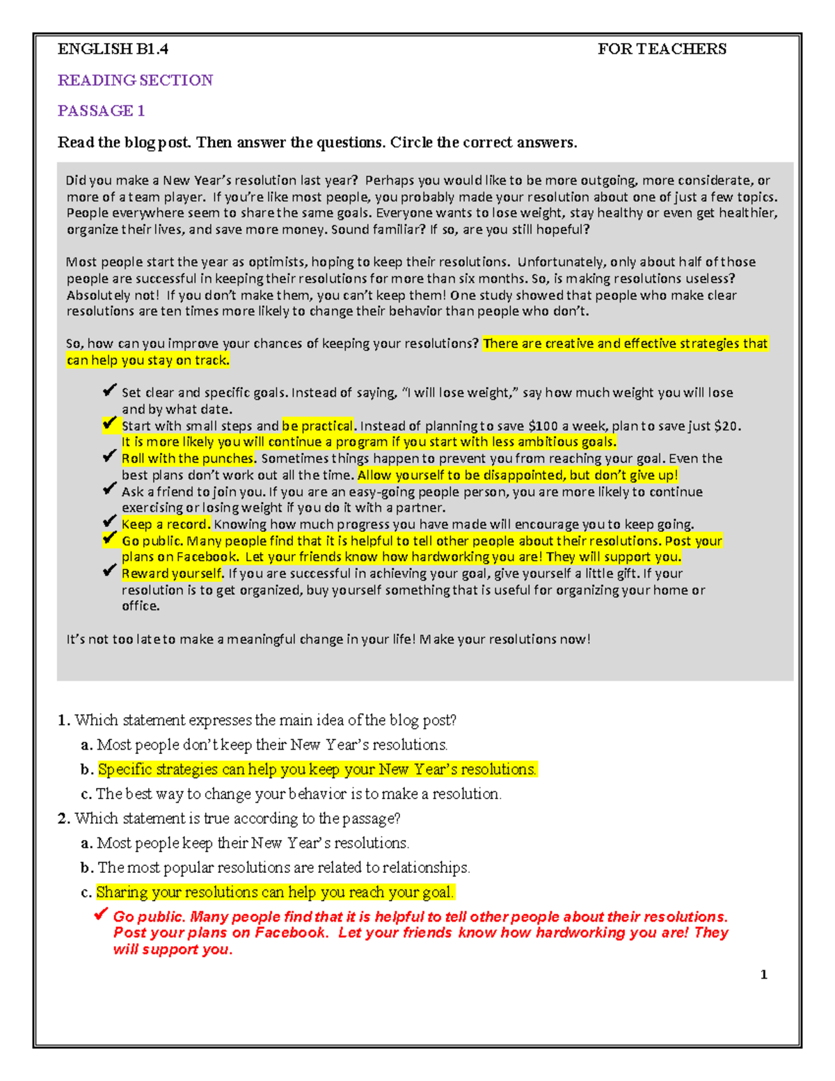 KEY TO Reading - NO BI ENGLED - ENGLISH B1 FOR TEACHERS READING SECTION ...