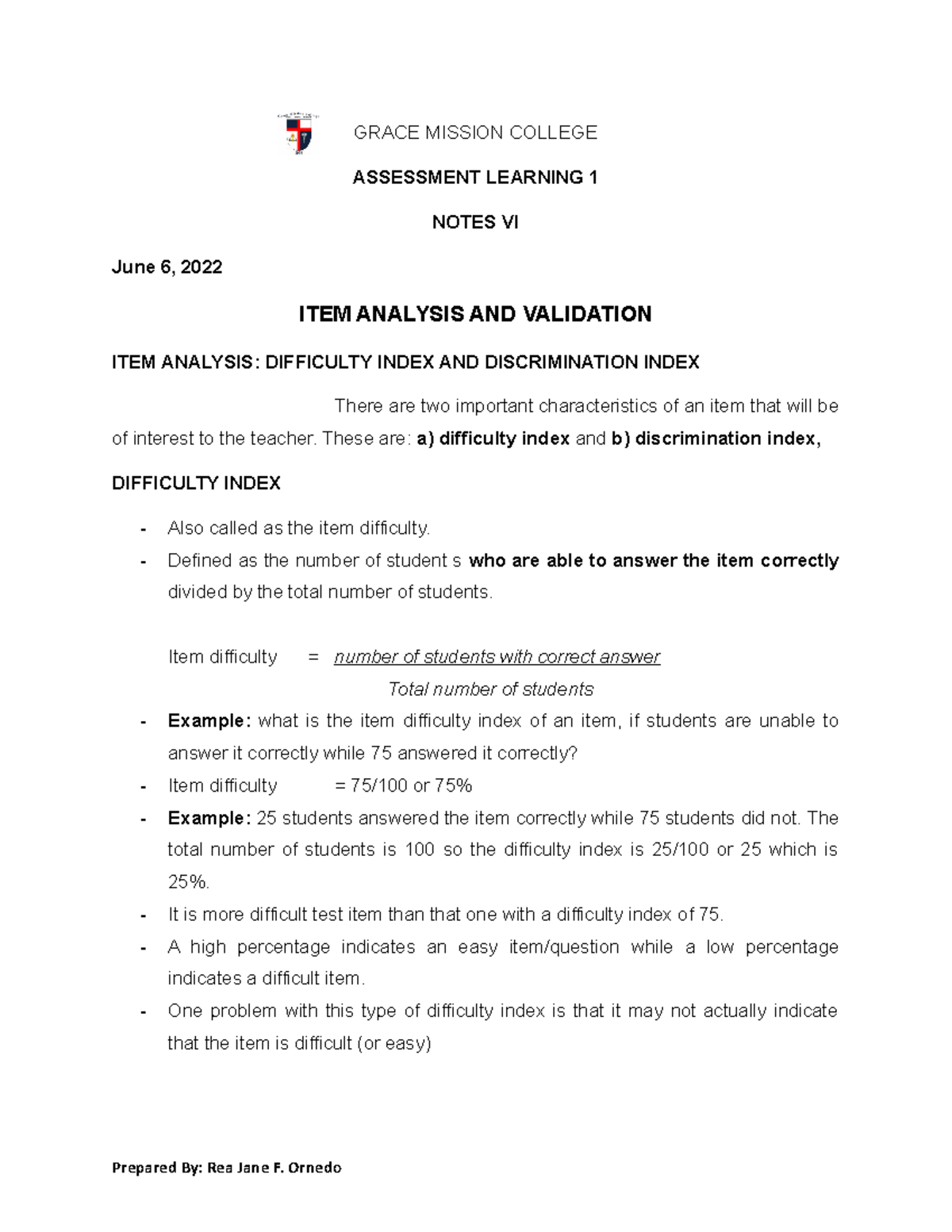 Assessment in Learning 1 Module 6 - GRACE MISSION COLLEGE ASSESSMENT ...