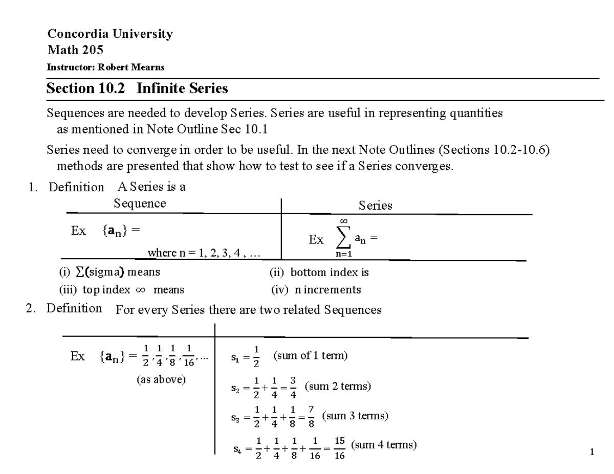 Note Outline Sec 10.2 Series Introduction - Sequences are needed to ...