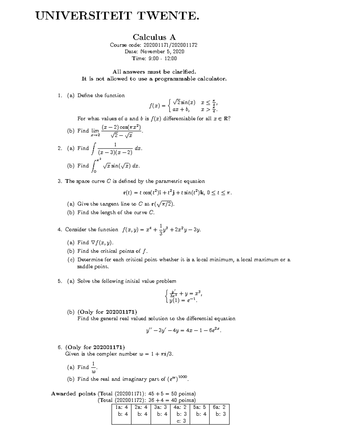 Calculus A november 2020 - UNIVERSITEIT TWENTE. Calculus A Course code ...