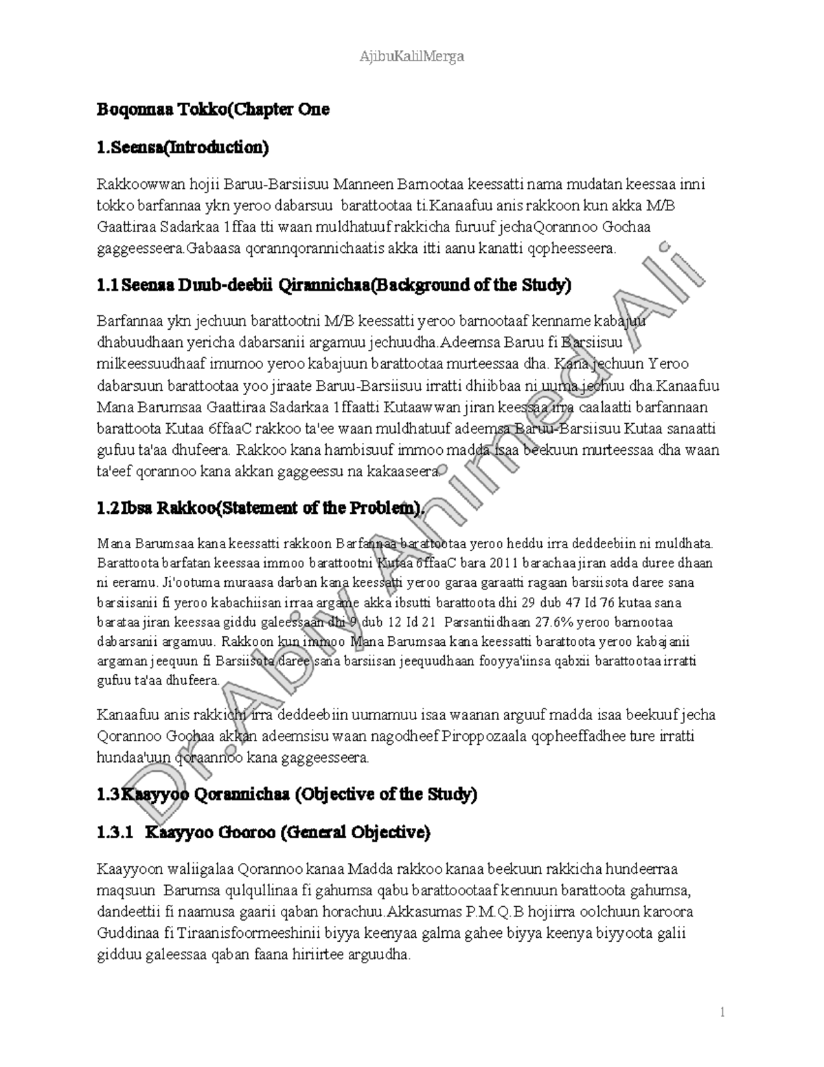 Qorannoo Gochaa Barfannaa - BoqonnaaTokko(ChapterOne 1 .Seensa ...