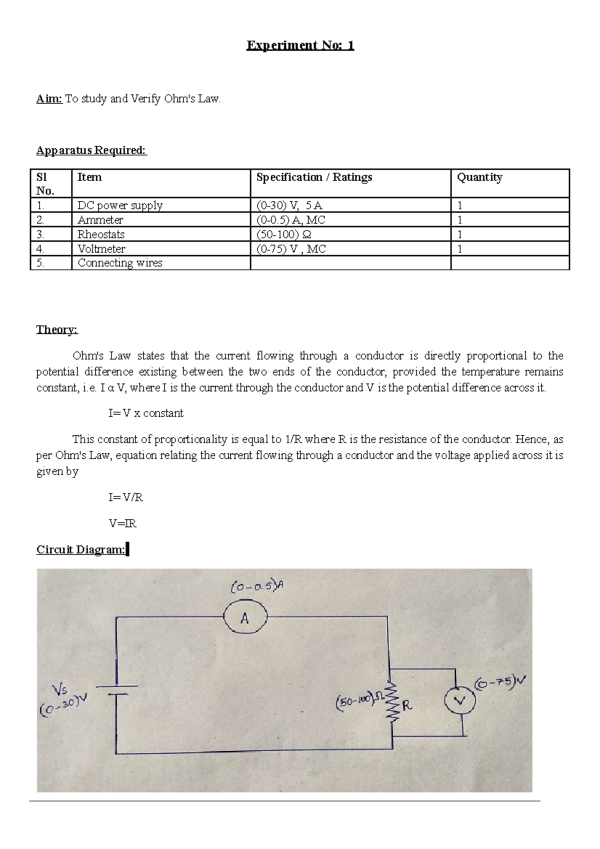 Exp1 Ohms law - asdiop - Experiment No: 1 Aim: To study and Verify Ohm ...