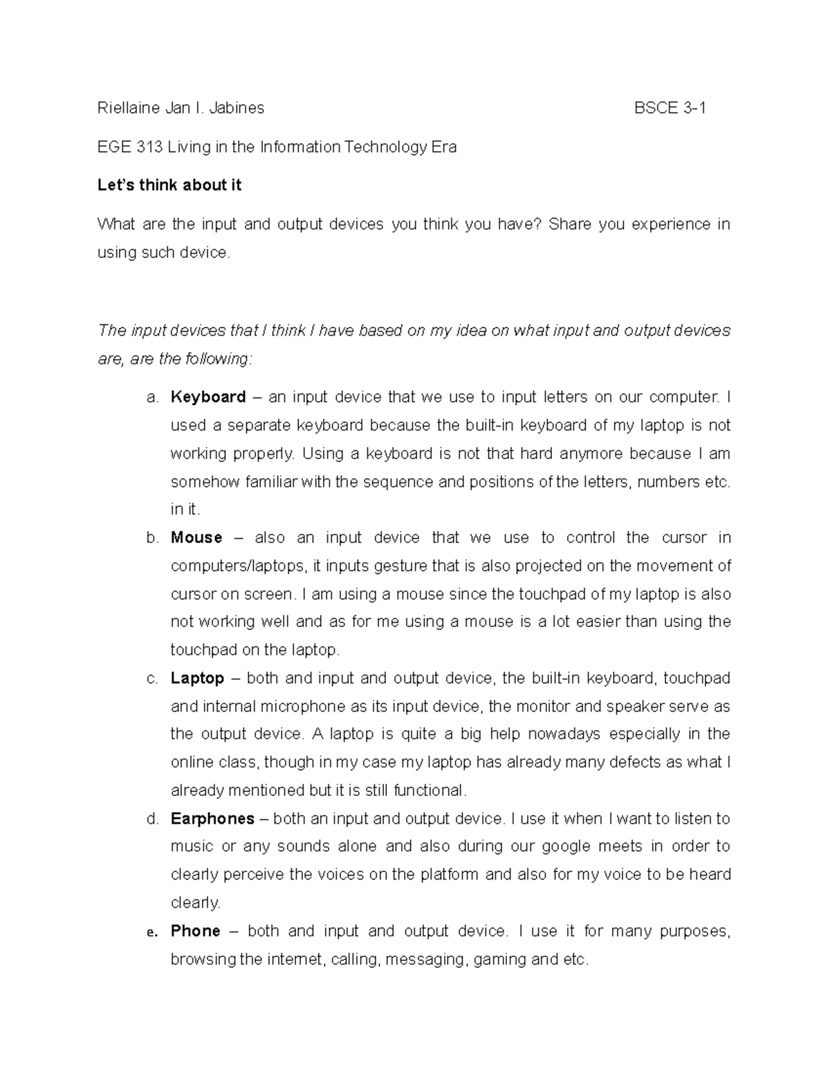 Lesson 2 Let's Think About It - Riellaine Jan I. Jabines BSCE 3- EGE ...