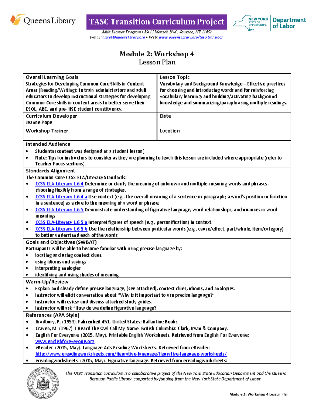TASC Trans Mod2 Workshop 4 Lesson Plan - The TASC Transition curriculum ...