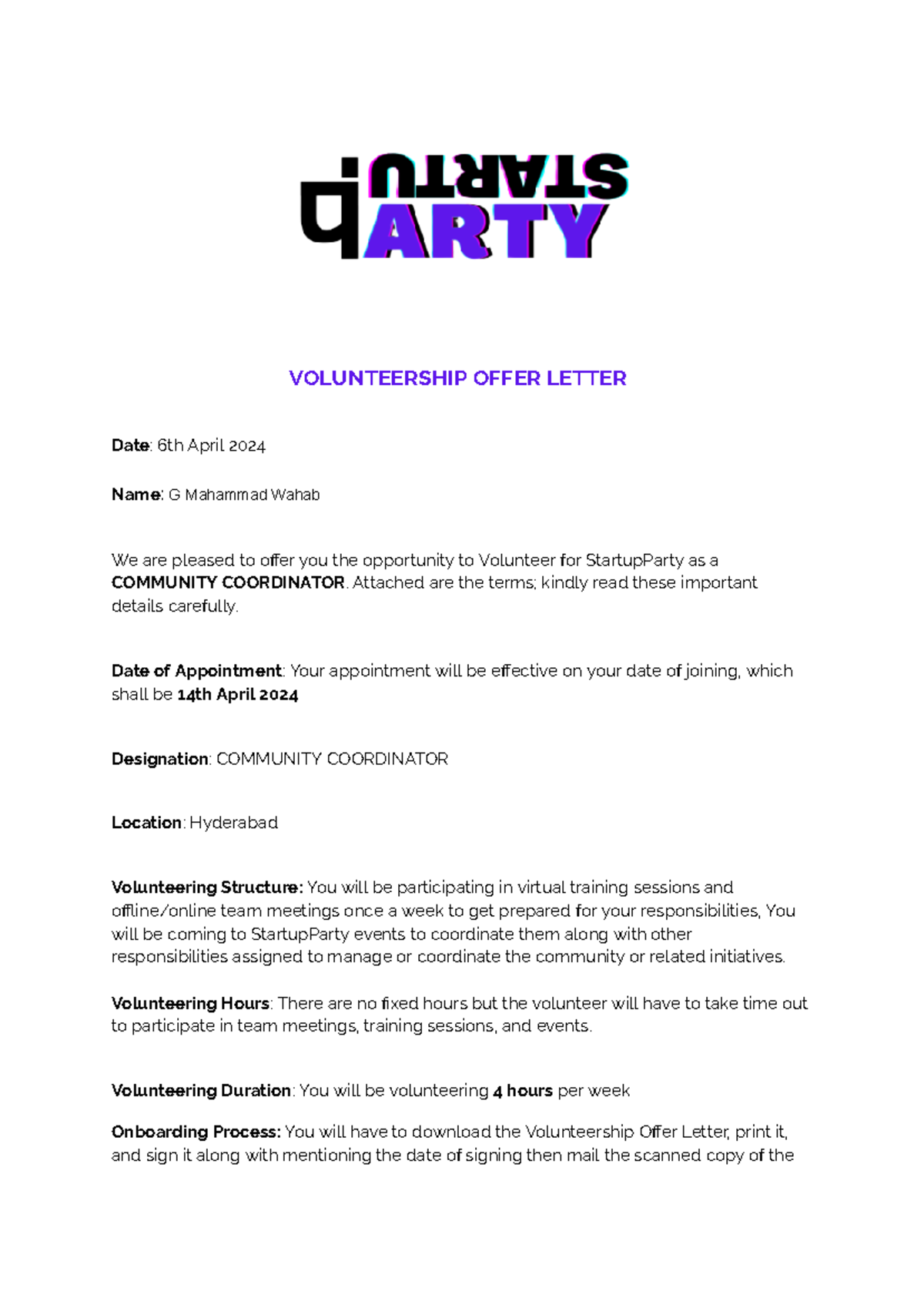 Volunteership Offer Letter - VOLUNTEERSHIP OFFER LETTER Date: 6th April ...