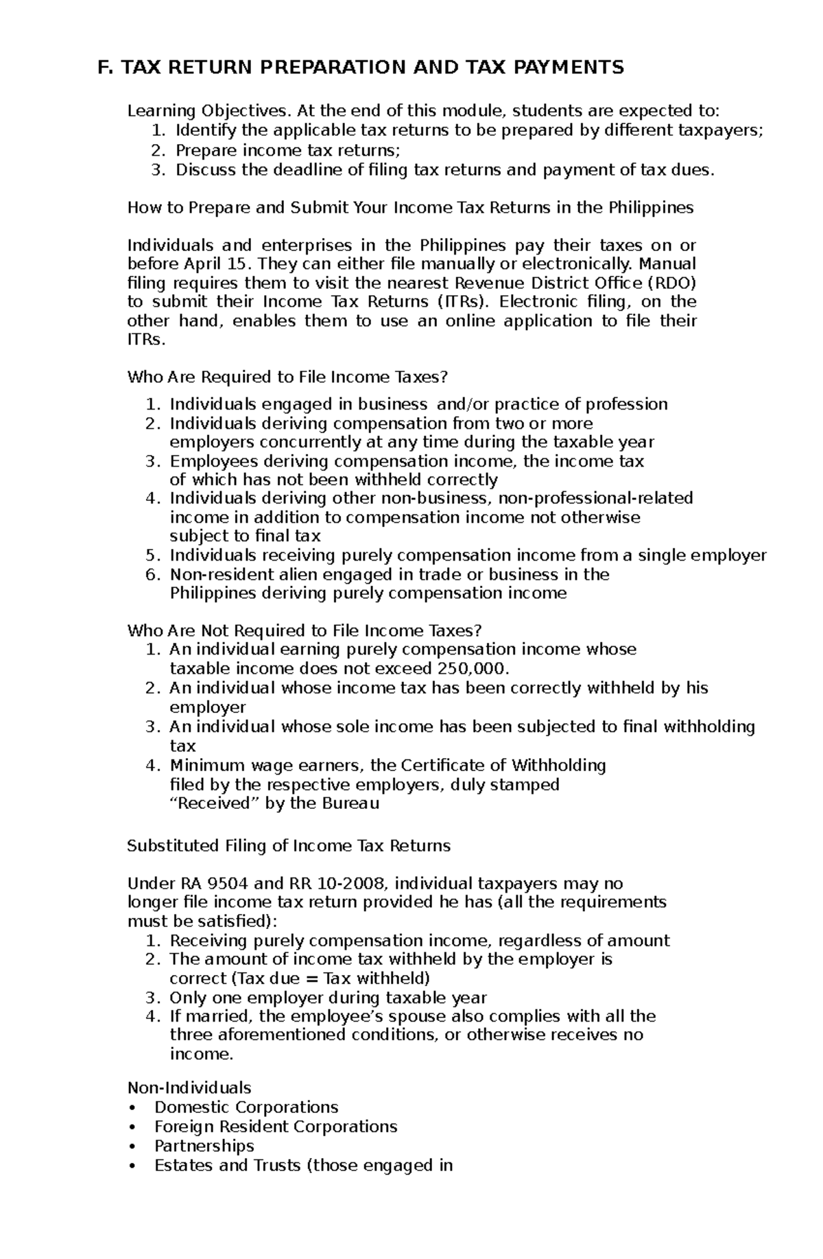 Module 6 TAX Return Preparation AND TAX Payments - F. TAX RETURN ...