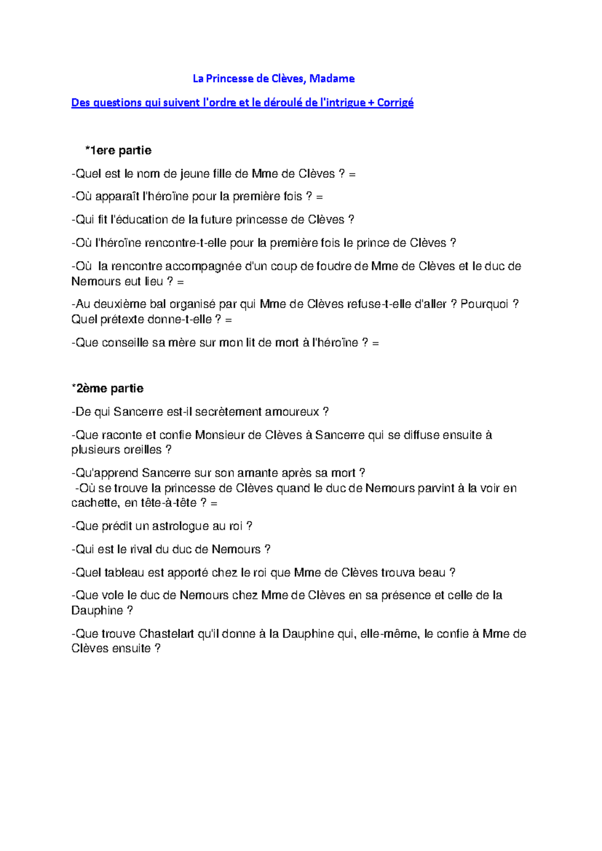 +++La Princesse de Clèves Questions et réponses ( suivant l'intrigue ...