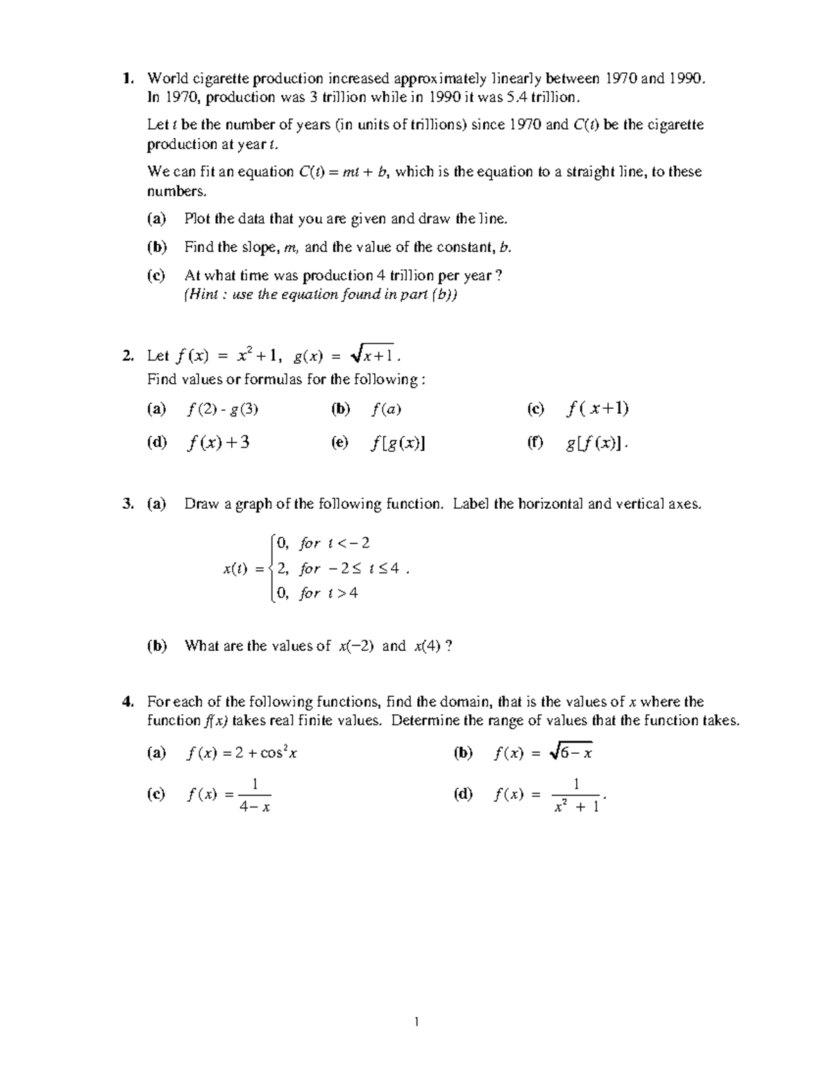 Workshop Problems Functions Limits - 1. World cigarette production ...