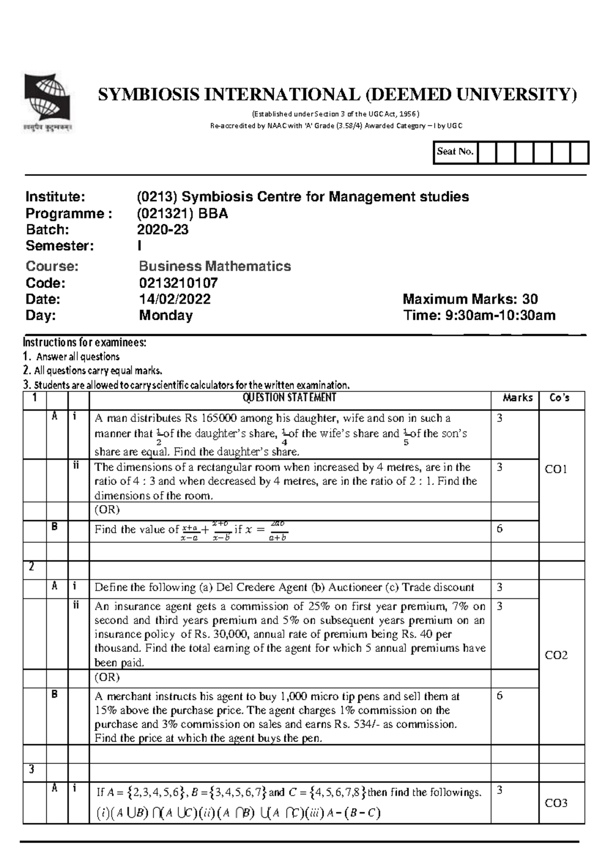 Business Mathematics Paper - SYMBIOSIS INTERNATIONAL (DEEMED UNIVERSITY ...