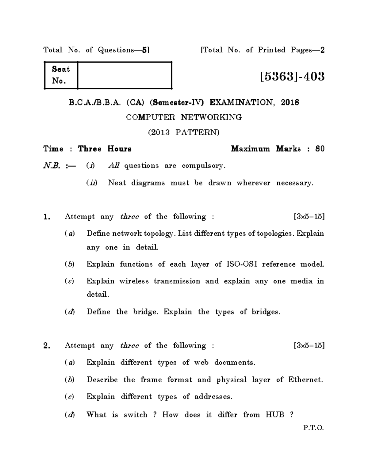 5in1-computer networking - P.T. Total No. of Questions—5 5 5] 5 [Total ...