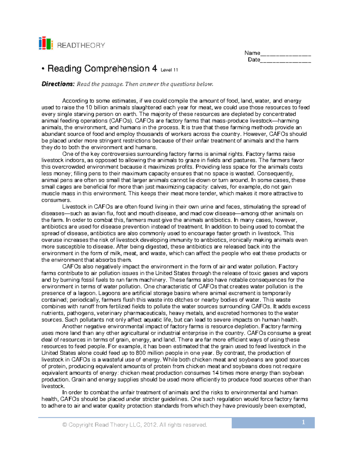 Level 11 Passage 4 - Reading Comprehension Exercise - 1 READTHEORY Name
