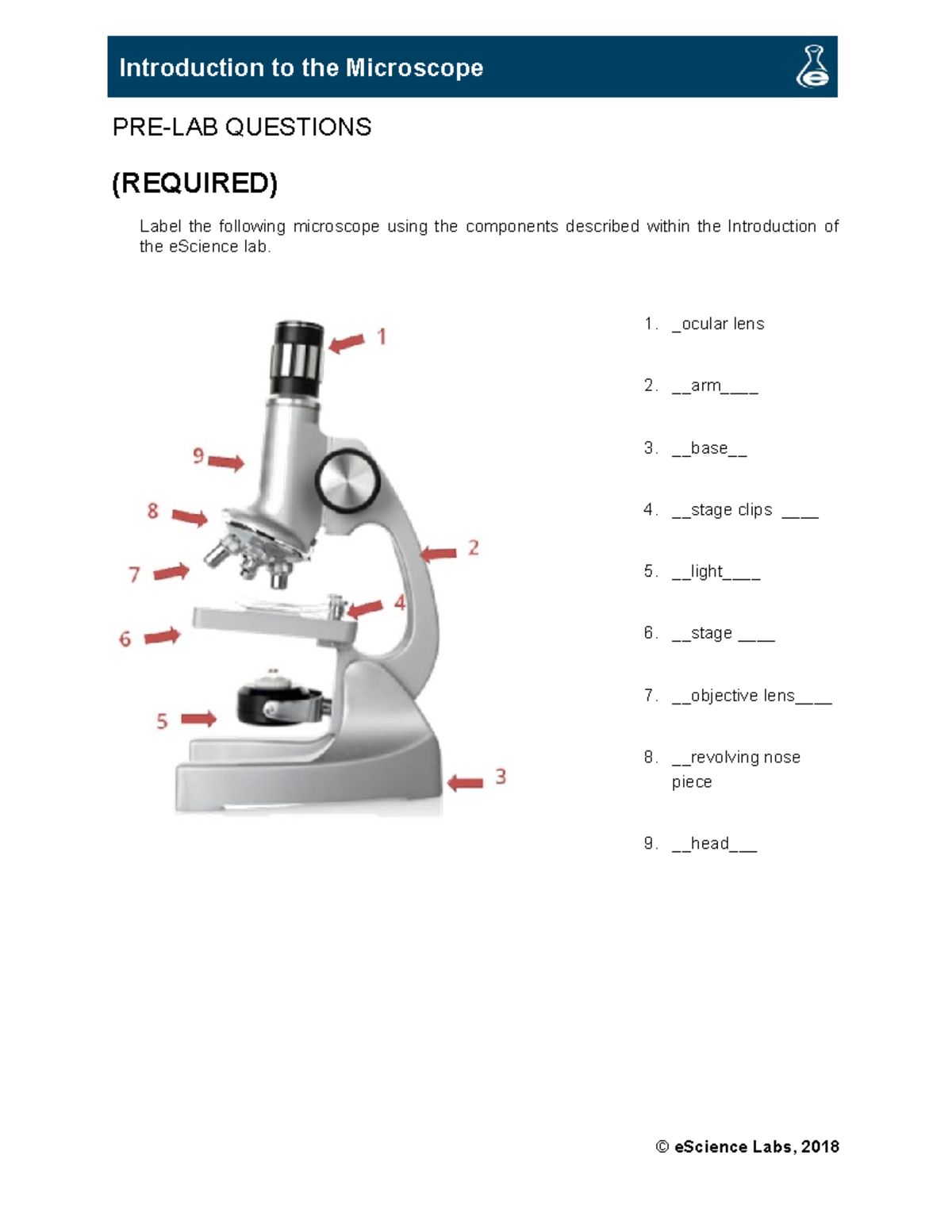 Microscope Workbook e Science Lab-1 - PRE-LAB QUESTIONS (REQUIRED) Label the following ...
